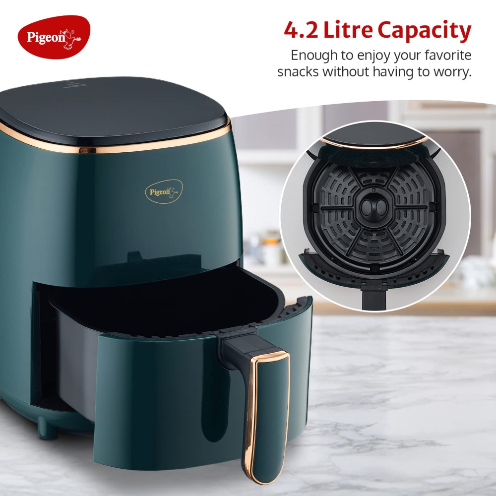Pigeon Healthifry Digital Air Fryer with Non Stick 4.2 L Basket Green Maharaja Frisco 800ml Electric Chopper 250W Maharaja Turbomix King Plus Hand Blender